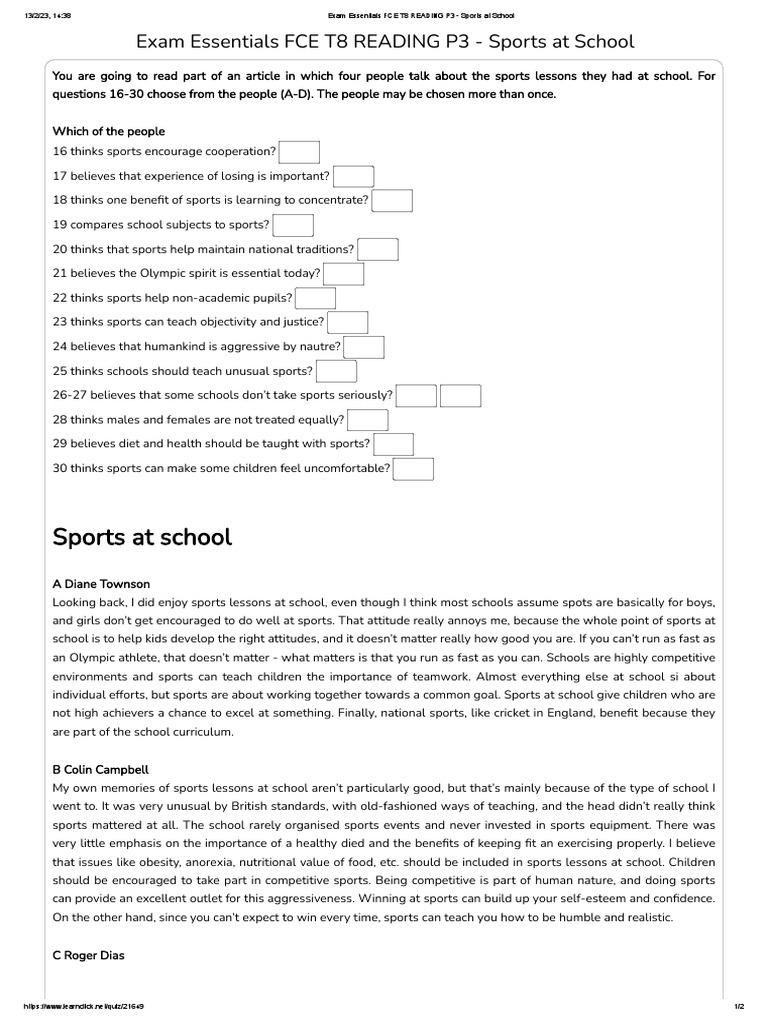 Exam Essentials FCE T8 READING P3 - Sports at School | PDF | Sports
