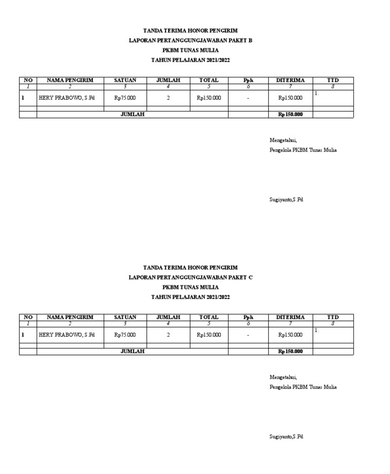 Tanda Terima Honor Pengirim | PDF
