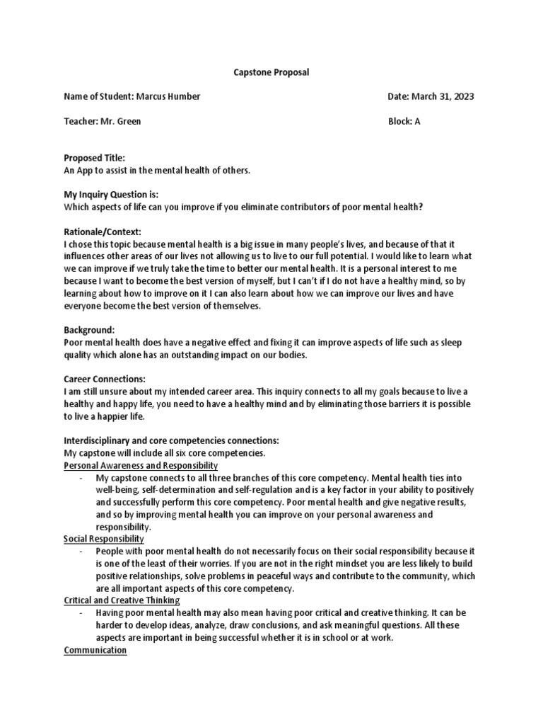 Capstone Proposal - Marcus Humber | PDF | Mental Health | Thought