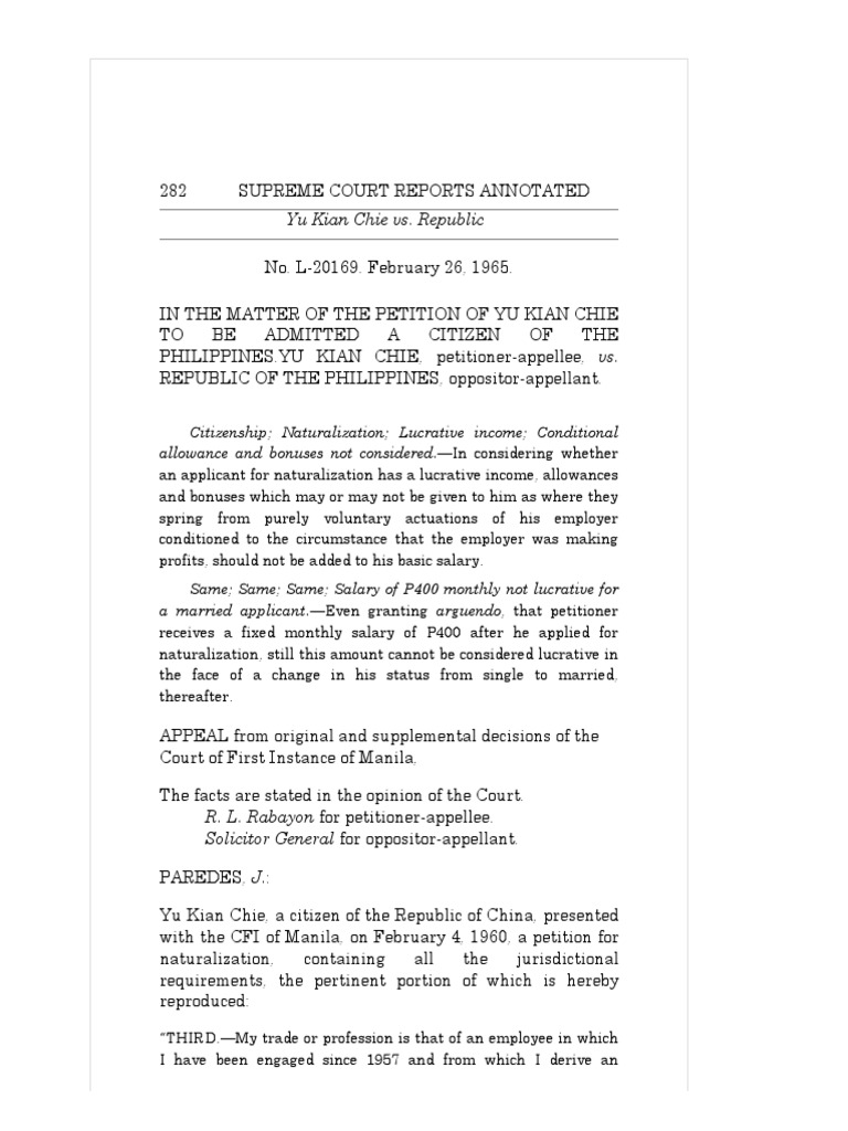 Yu Kian Chie vs. Republic, 13 SCRA 282, February 26, 1965 | PDF ...