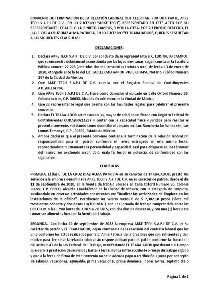 Convenio de Terminación Laboral. Jlca | PDF