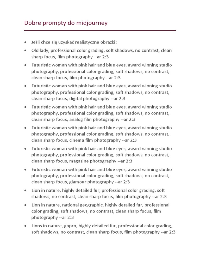Dobre Prompty Do Midjourney | PDF | Techniques | Artistic Techniques