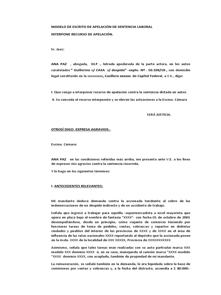 Modelo Apelación de Sentencia Laboral | PDF | Testimonio | Principios ...
