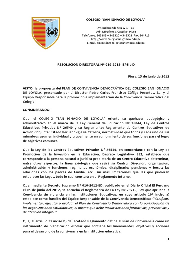 RD 019 - Aprueba Plan Convivencia Democr | PDF | Regulación | Gobierno