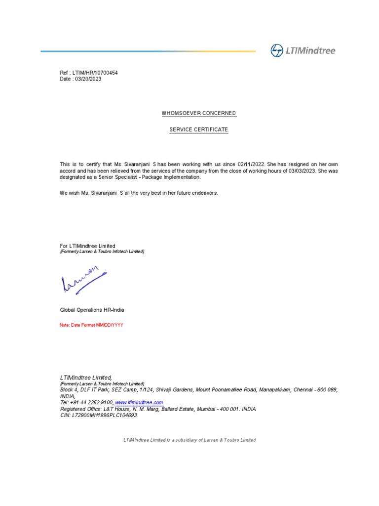 LTIMindtree Service Certificate for Ms. S | PDF | Business | Finance ...