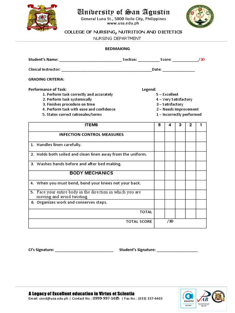 Bedmaking Assessment Guide for Nursing | PDF | Anatomical Terms Of ...