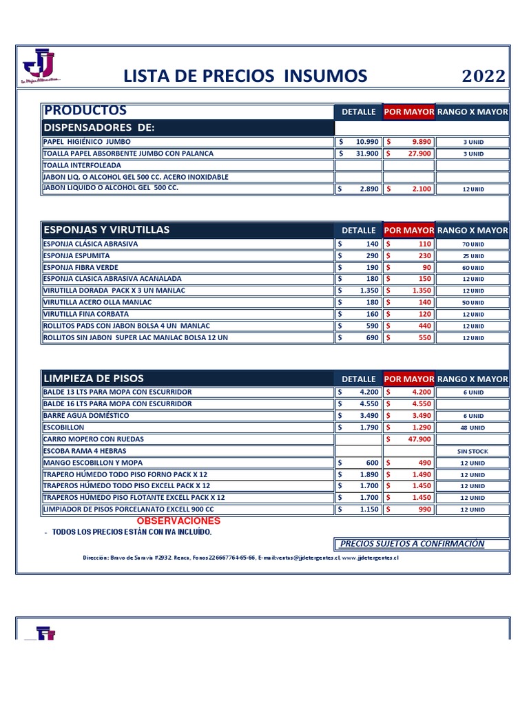 Lista de Precios Insumos 2022 | PDF | Productos de limpieza | Papelería