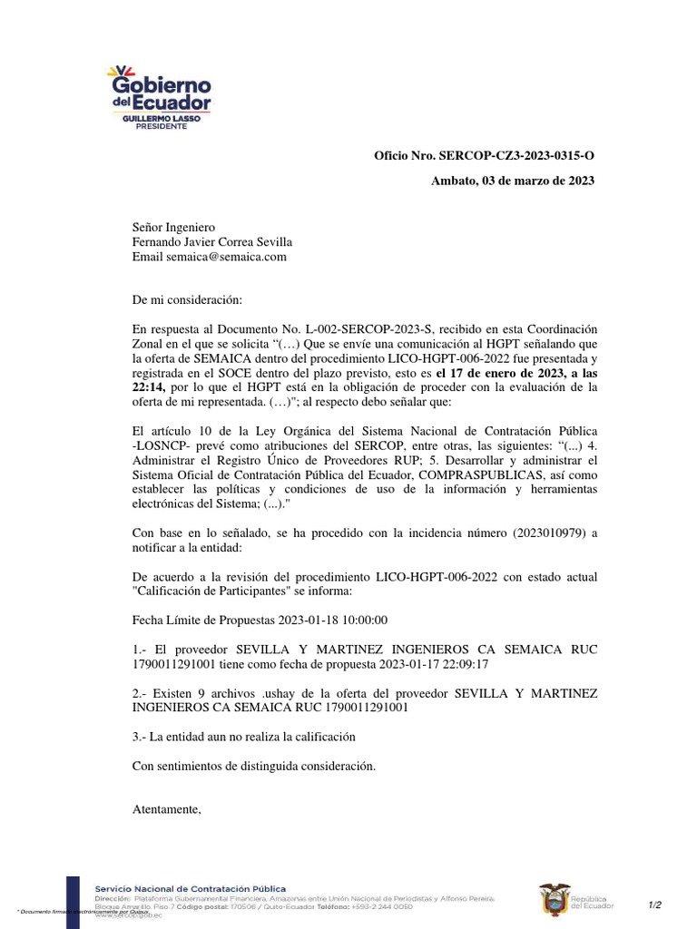 Oficio Nro. SERCOP-CZ3-2023-0315-O Ambato, 03 de Marzo de 2023 | PDF
