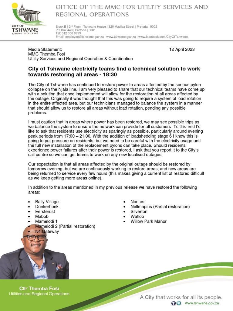 (Media Statement MMC USD ROC) City of Tshwane Electricity Teams Find Techincal Solution To ...