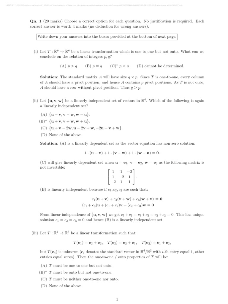 MATH2111 2014 Midterm Exam Questions and Solutions | PDF | Matrix (Mathematics) | Abstract Algebra