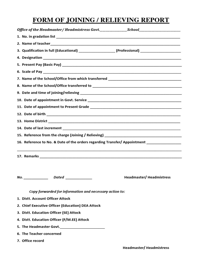 Form of Joining / Relieving Report | PDF