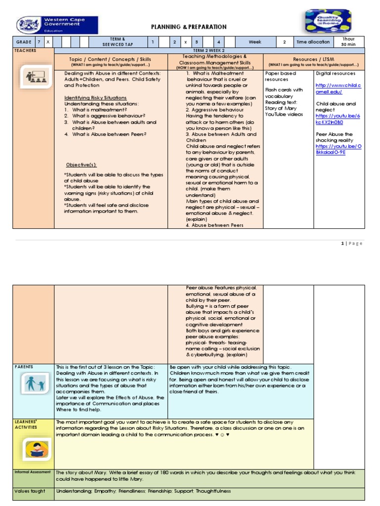 Lesson Plan Gr. 7 Life Orientation T2 W2 | PDF | Child Abuse | Child ...