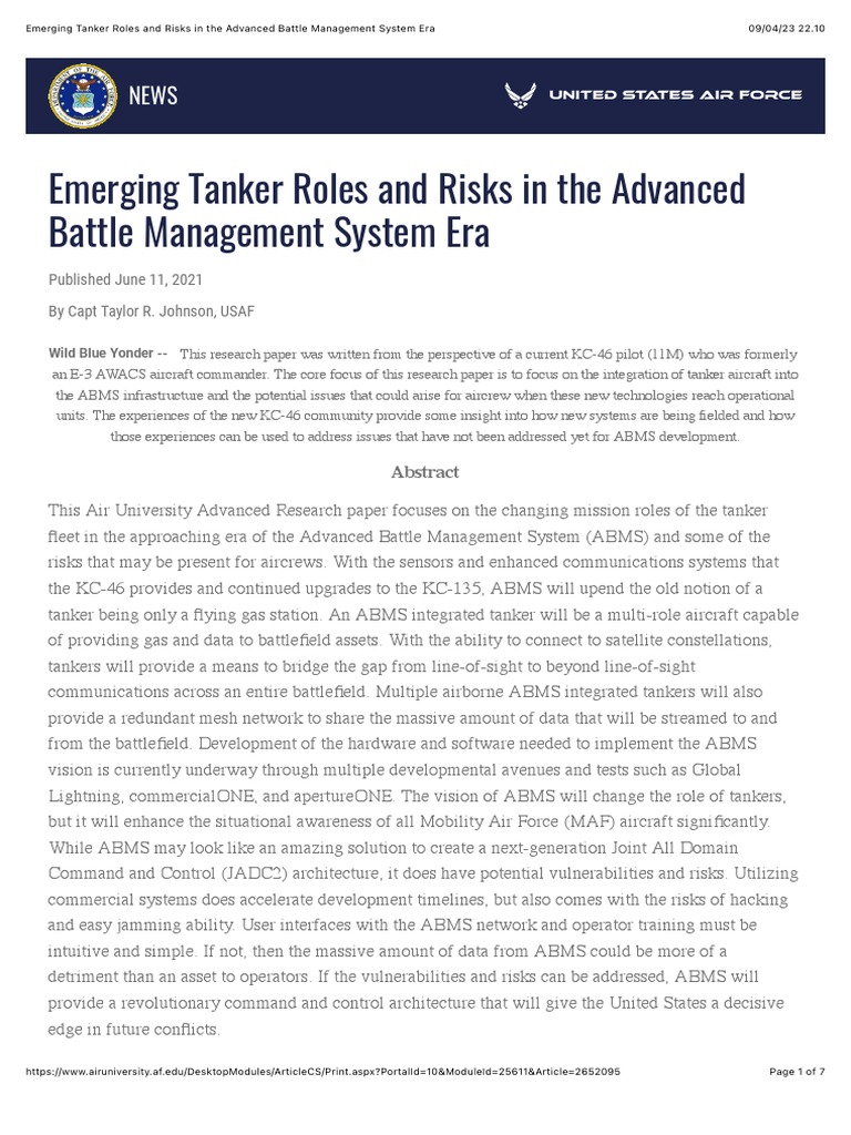 Emerging Tanker Roles and Risks in The Advanced Battle Management ...