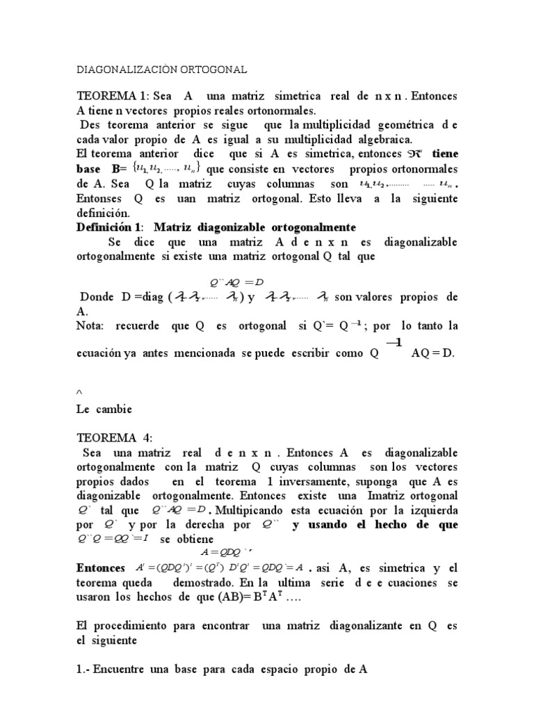 Diagonalizaciòn Ortogonal | PDF | Valores propios y vectores propios | Teoría de la matriz