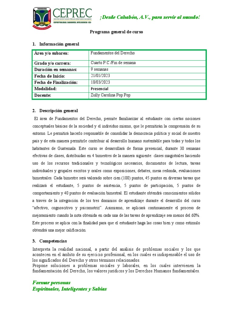 Programa General de Curso FUNDAMENTOS DEL DERECHO | PDF | Evaluación | Aprendizaje