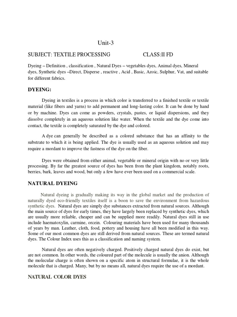 Textile Wet Processing UNIT-3 | PDF | Dye | Dyeing