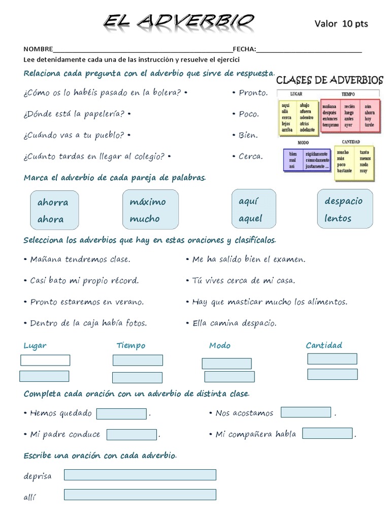 Ejercicios clasificación adverbios caracteres | PDF