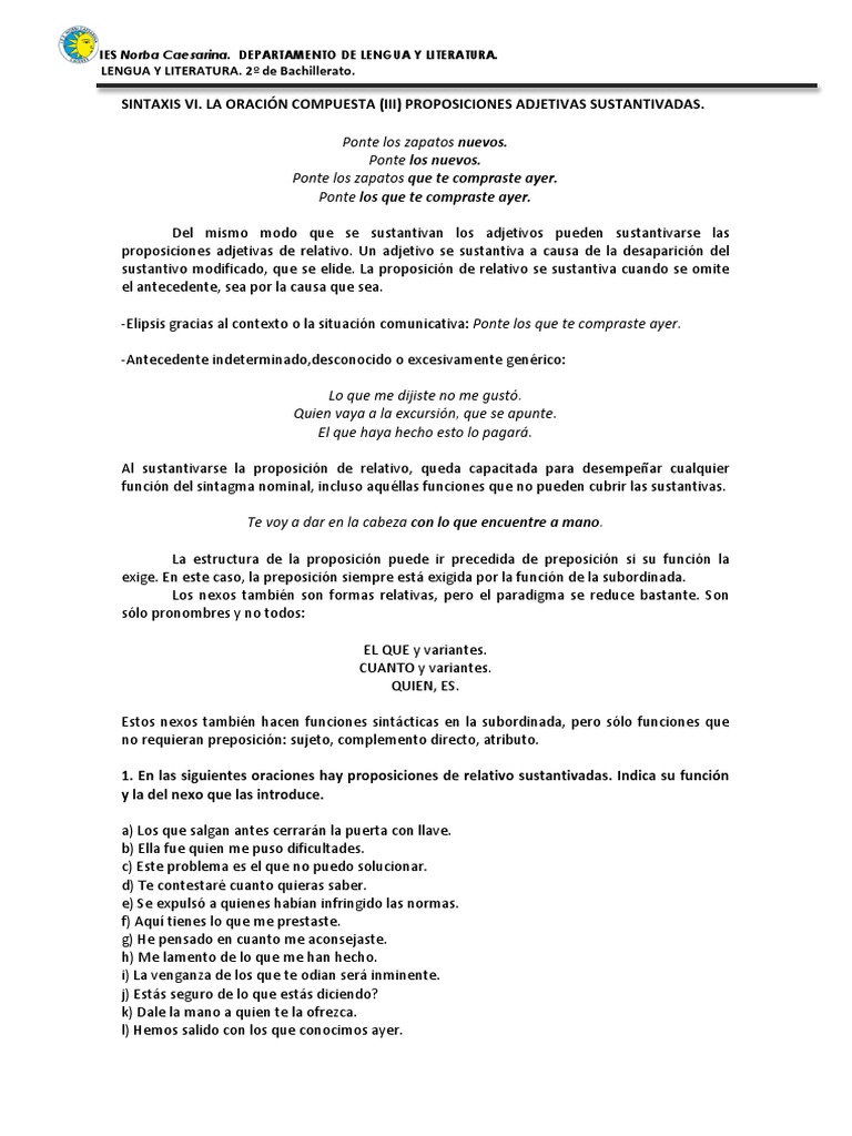 Tema 4 La Oracic3b3n Compuesta Proposiciones Adjetivas Sustantivadas ...