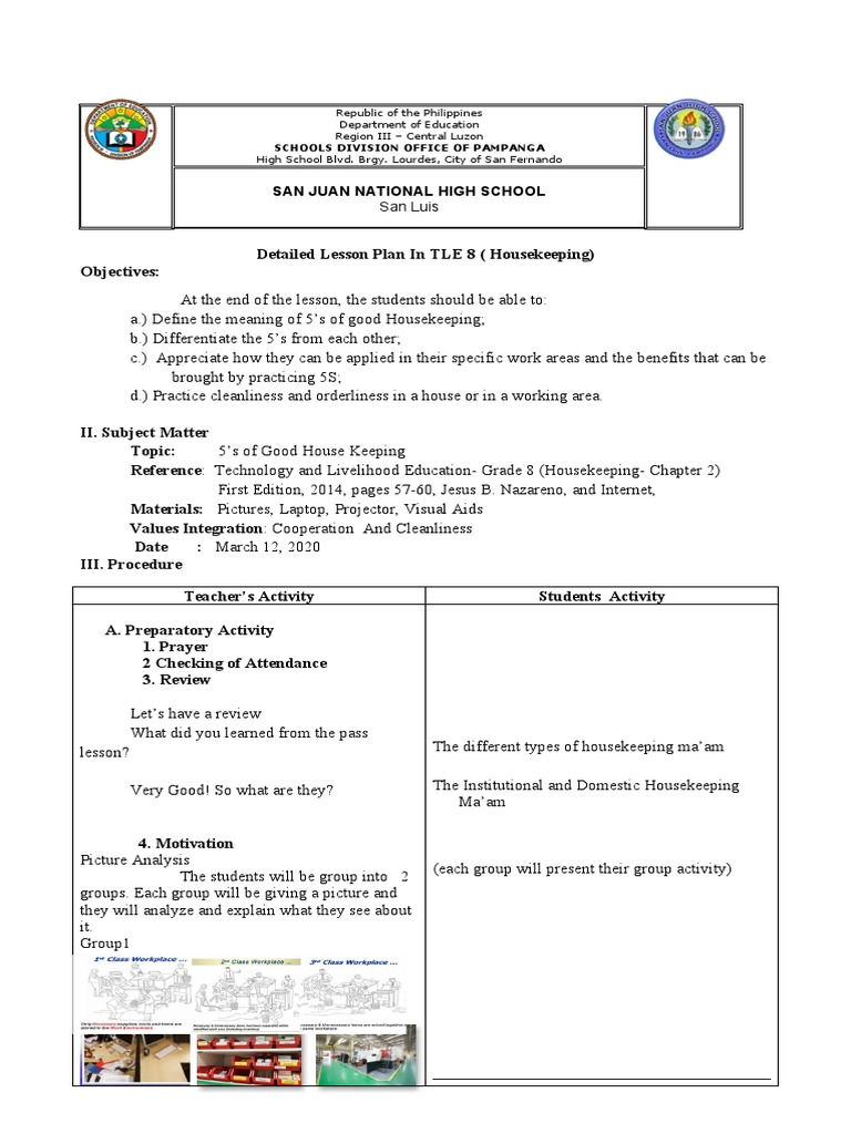 Detailed Lesson Plan in House Keeping 5S | PDF | Disciplines | Housekeeping