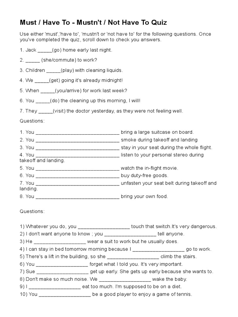 Must / Have To - Mustn't / Not Have To Quiz: Analyzing Modal Verb Usage ...