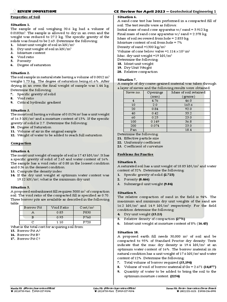 CE Review For April 2023 - Geotechnical Engineering 1 | PDF | Density ...