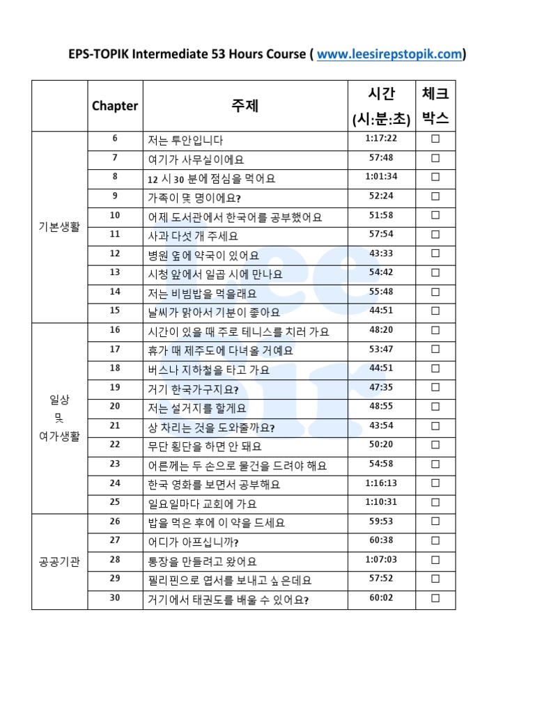 2022 EPS-TOPIK Intermediate 53 Hours Course | PDF