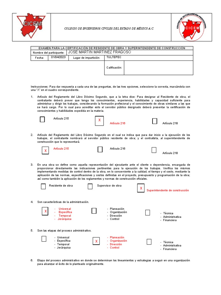 Examen Ing Jose Martin Martinez Fragoso | PDF | Ingeniero civil ...