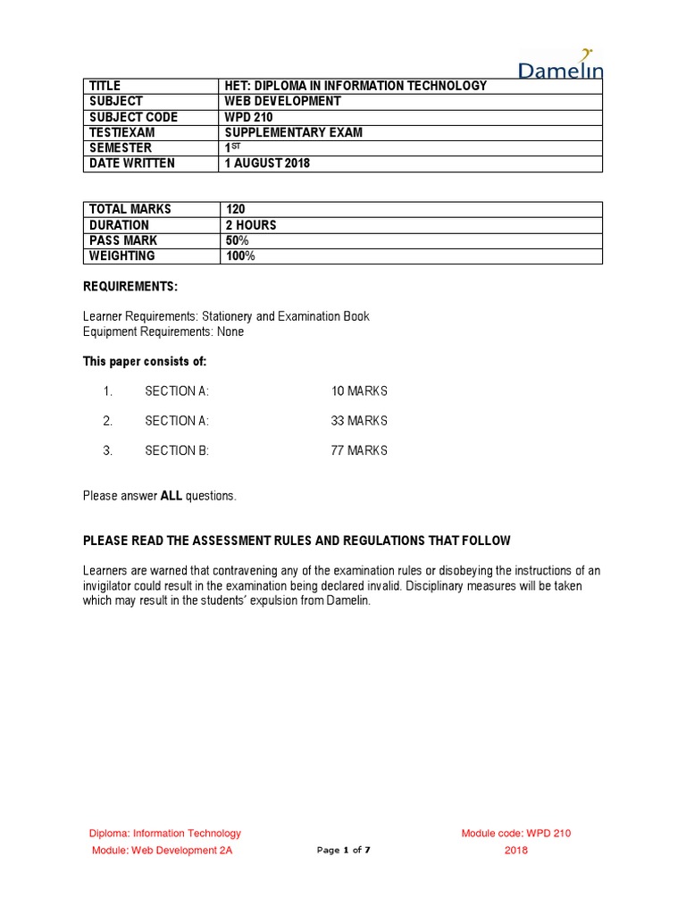 Web Development 2A Supp Exam | PDF | Html Element | World Wide Web