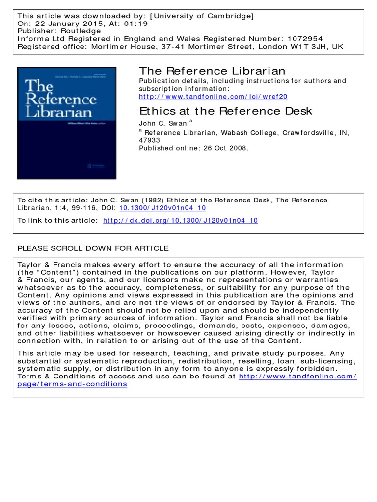 (The Reference Librarian 1982-Apr 21 Vol. 1 Iss. 4) Swan, John C. - Ethics at The Reference Desk ...