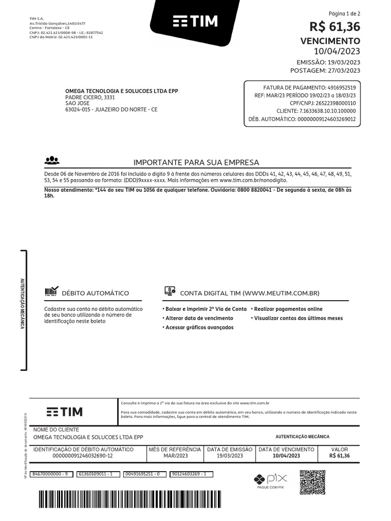 Conta de telefonia TIM com detalhes de impostos e vencimento | PDF | Bancos | Bancos