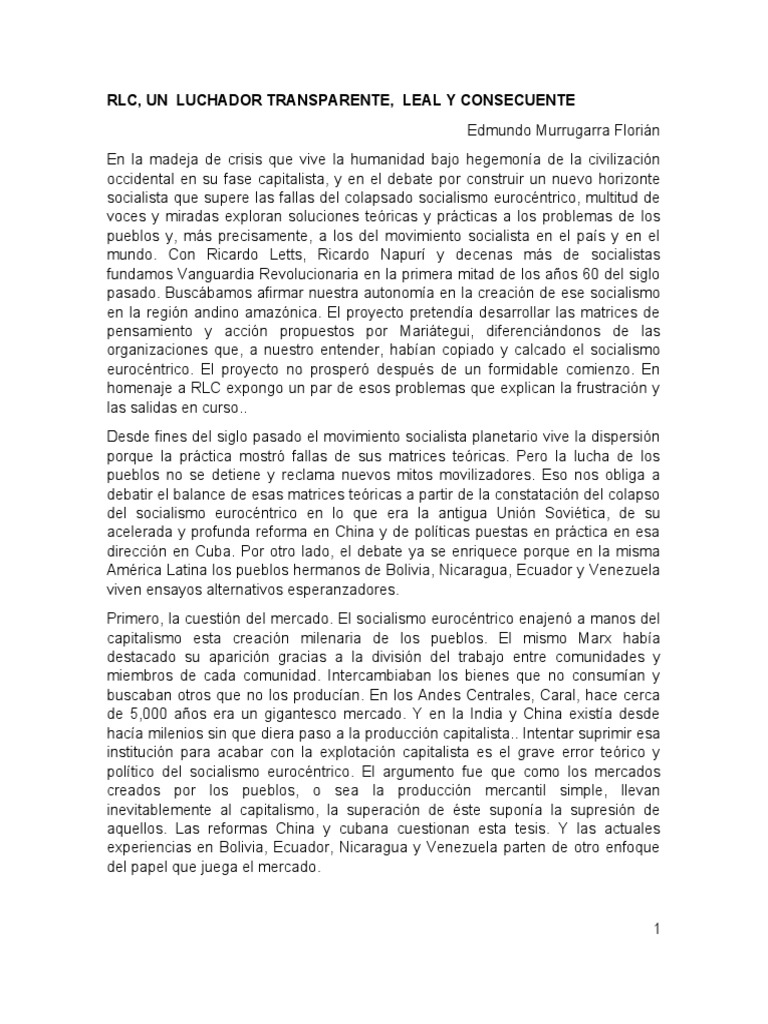 Ricardo Letts Colmenares (4pgs) - Homenaje | PDF | Capitalismo | Socialismo