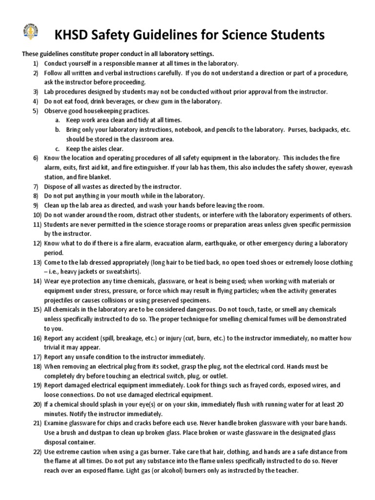 KHSD Safety Guidelines For Science Students-1 | PDF | Laboratories ...