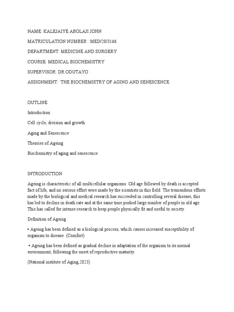 Biochemistry of Ageing Assignment | PDF | Meiosis | Senescence
