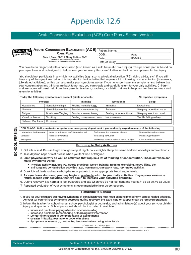 Acute Concussion Evaluation Care Plan - School | PDF | Concussion ...
