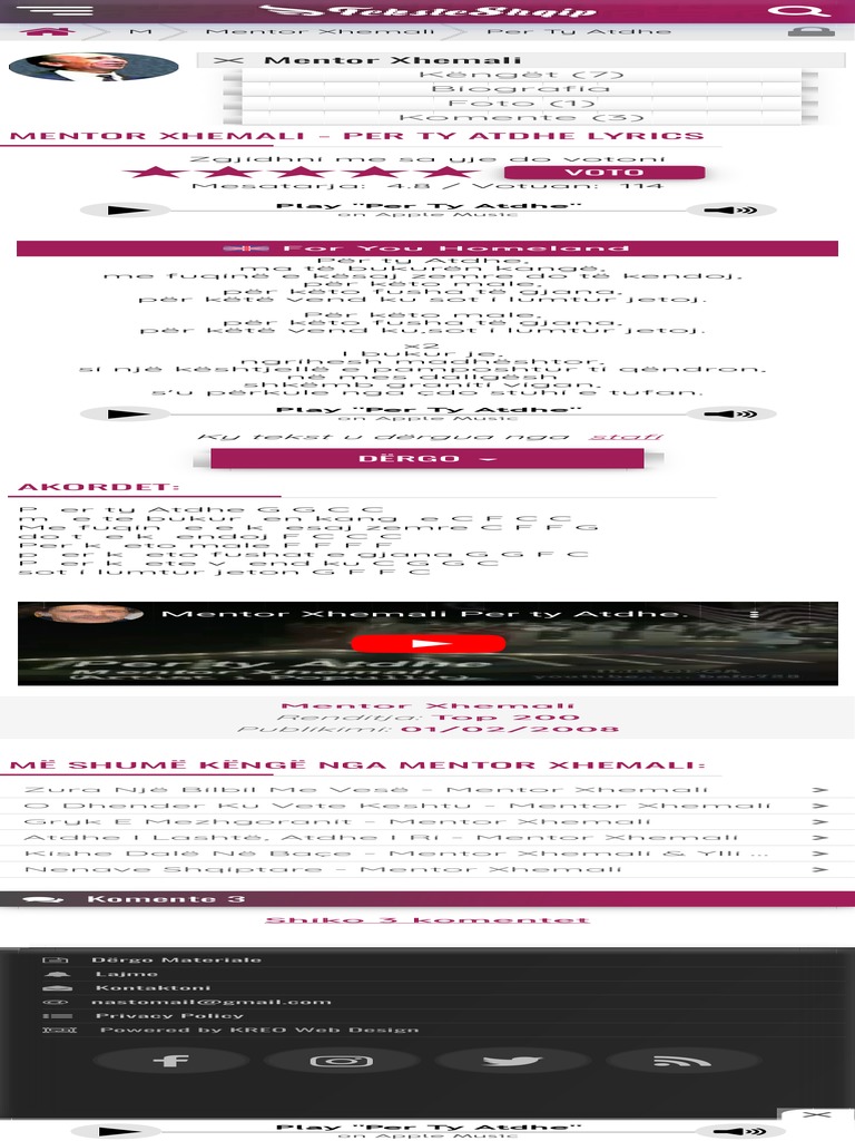 Mentor Xhemali - Per Ty Atdhe Lyrics | PDF