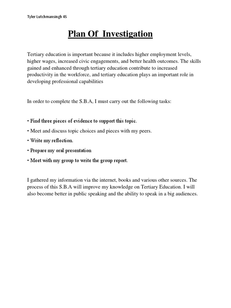 Plan of Investigation: Tyler Lutchmansingh 4S | PDF