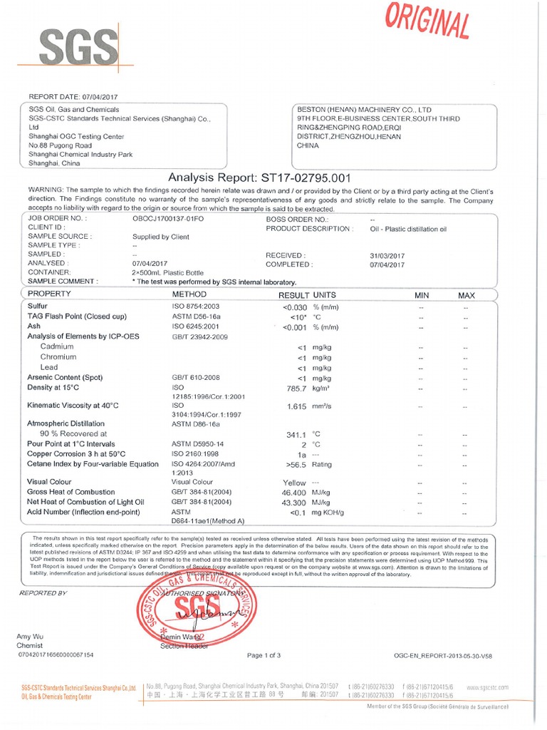 Plastic Oil SGS Report From Beston | PDF