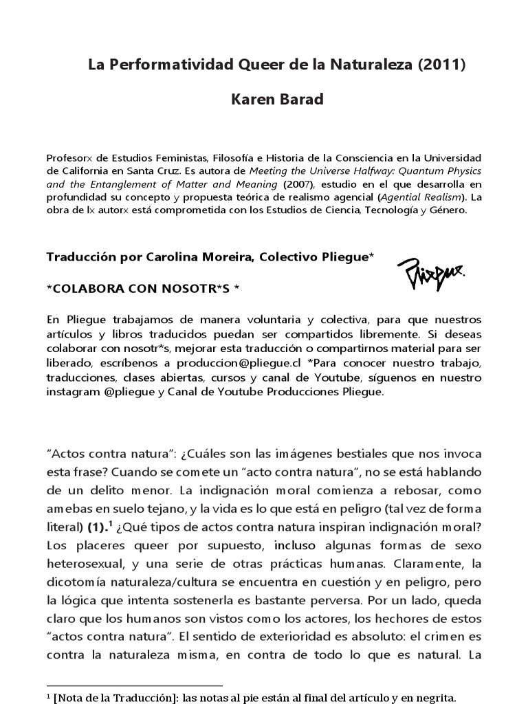 Traducción - La Performatividad Queer de La Naturaleza - Karen Barad-T. Colectivo Pliegue | PDF ...