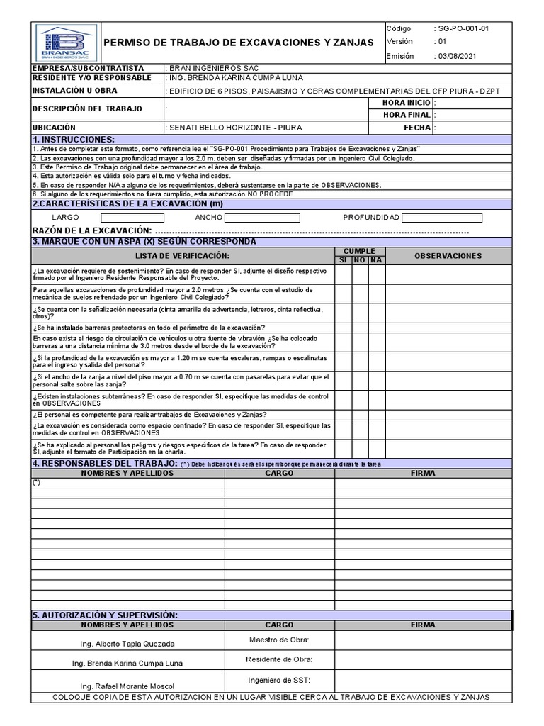 SG-PO-001-01 Permiso de Trabajo Excavación y Zanjas | PDF