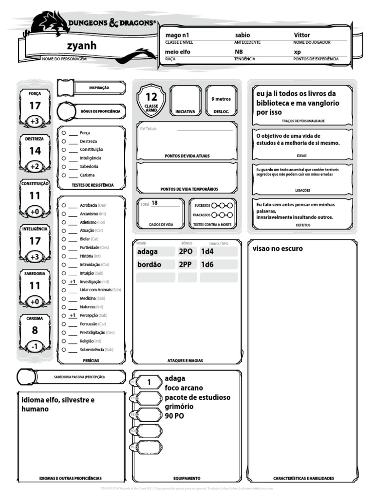 Ficha Do RPG Zyanh | PDF | Sabedoria