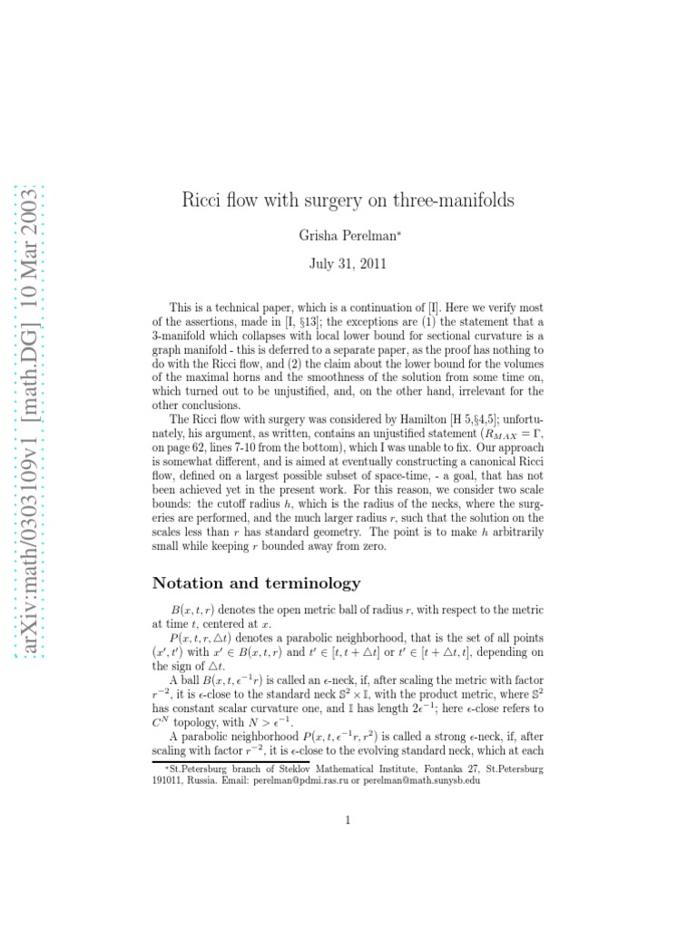 Ricci Flow With Surgery On Three Manifolds Pdf Curvature Limit