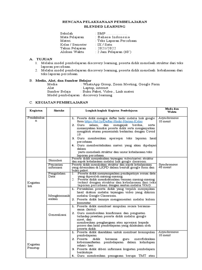 Contoh RPP Blended Learning | PDF