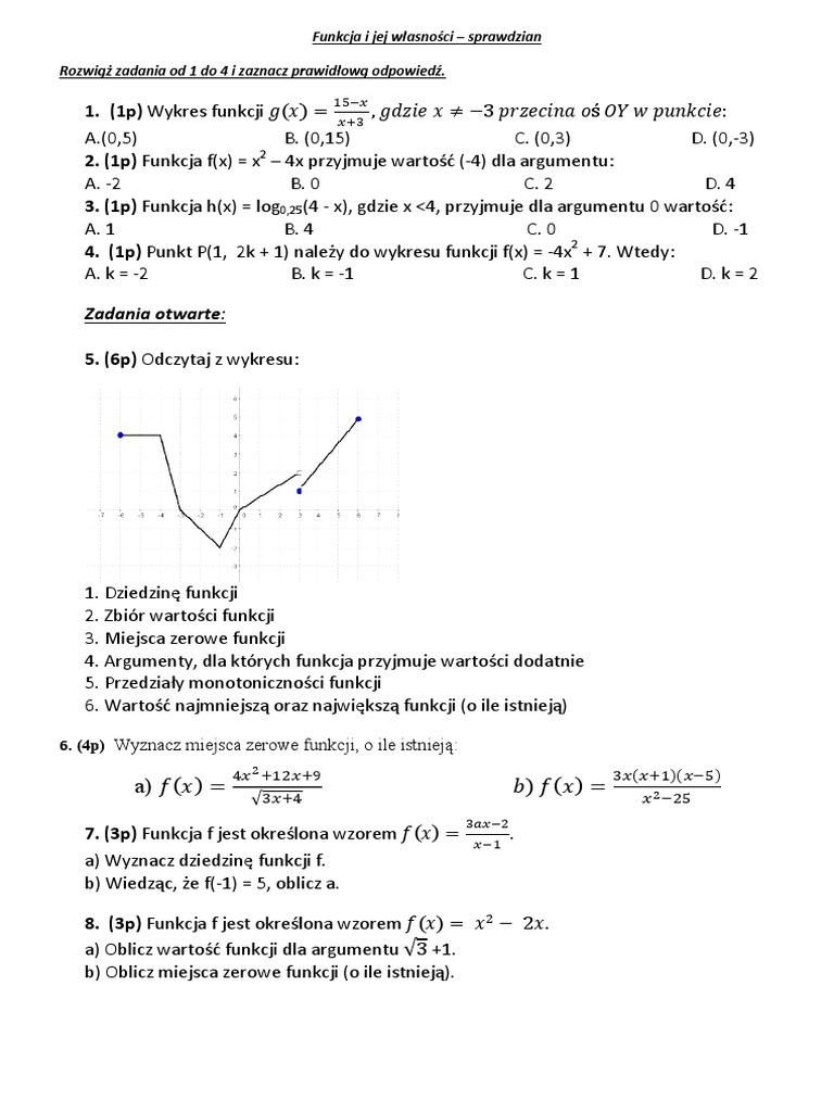 Funkcja I Jej Własności Sprawdzian | PDF