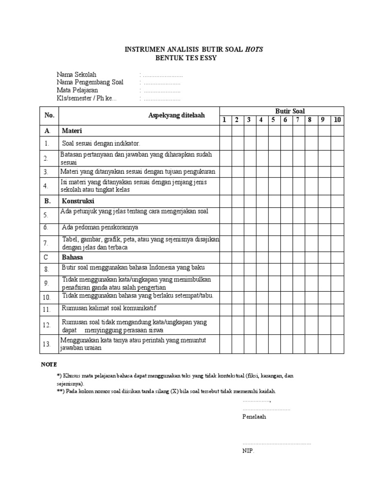 Instrumen Analisis Butir Soal Essy | PDF
