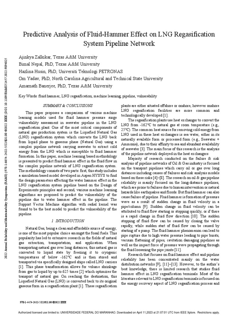 Predictive Analysis of Fluid-Hammer Effect On LNG Regasification System Pipeline Network | PDF ...