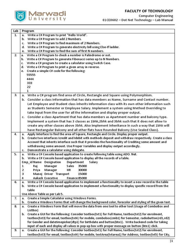 Lab Manual | PDF | C Sharp (Programming Language) | Class (Computer Programming)