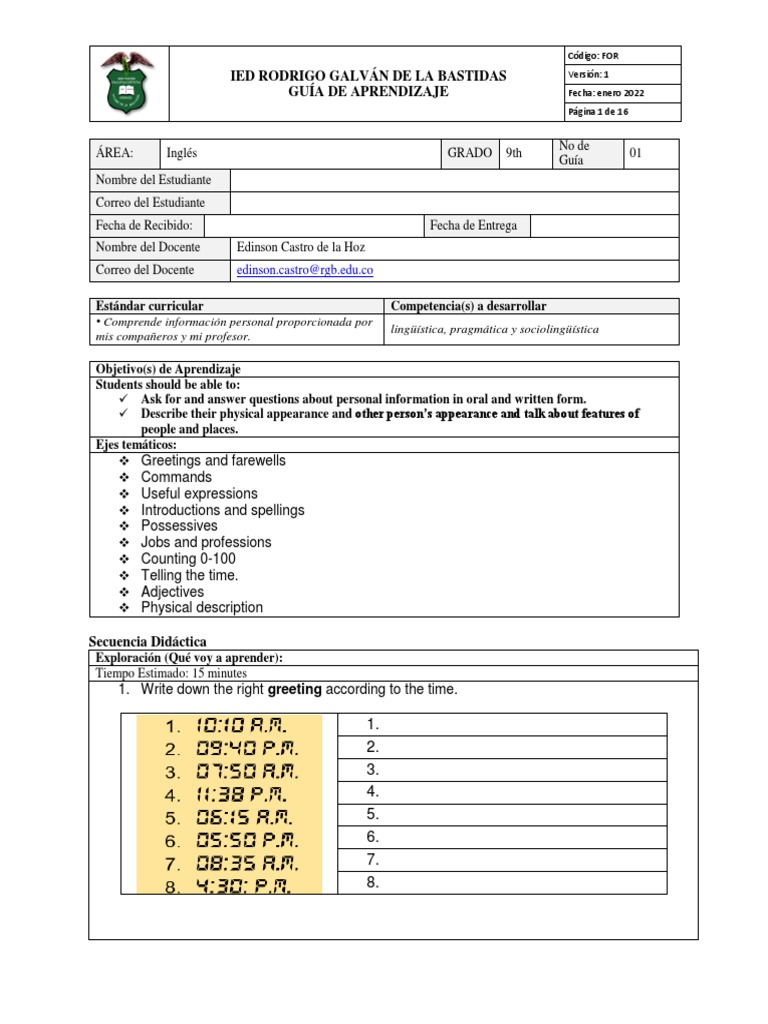 2022-1st Term Guide - 9th Grade | PDF | Noun | Adjective