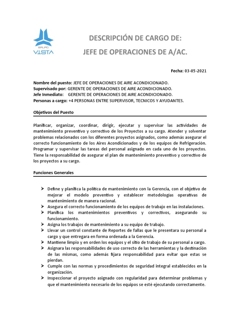 Descripción-de-CARGO-Jefe-de-Operaciones -de-A-Ac_03-5-21 | PDF | Business