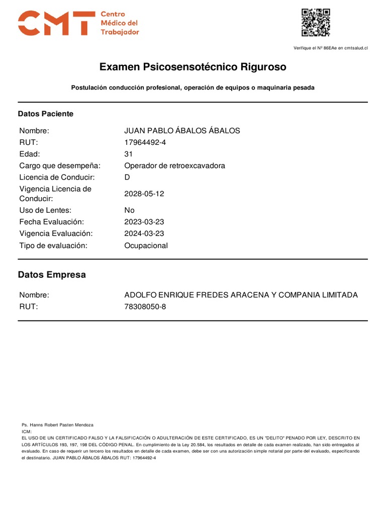 Examen Psicosensotécnico Riguroso: Datos Paciente | PDF | Medicina CLINICA