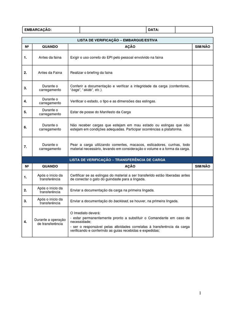 Lista de verificação para embarque e transferência de carga | PDF
